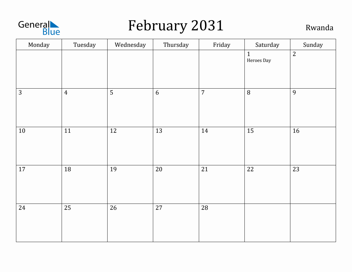 February 2031 Monthly Calendar with Rwanda Holidays (Monday Start)