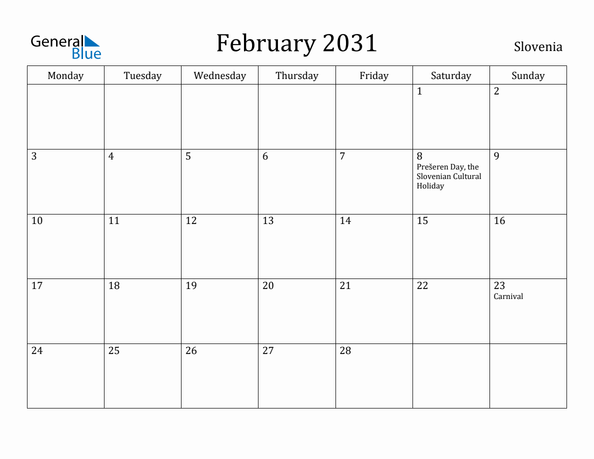 February 2031 Monthly Calendar with Slovenia Holidays (Monday Start)