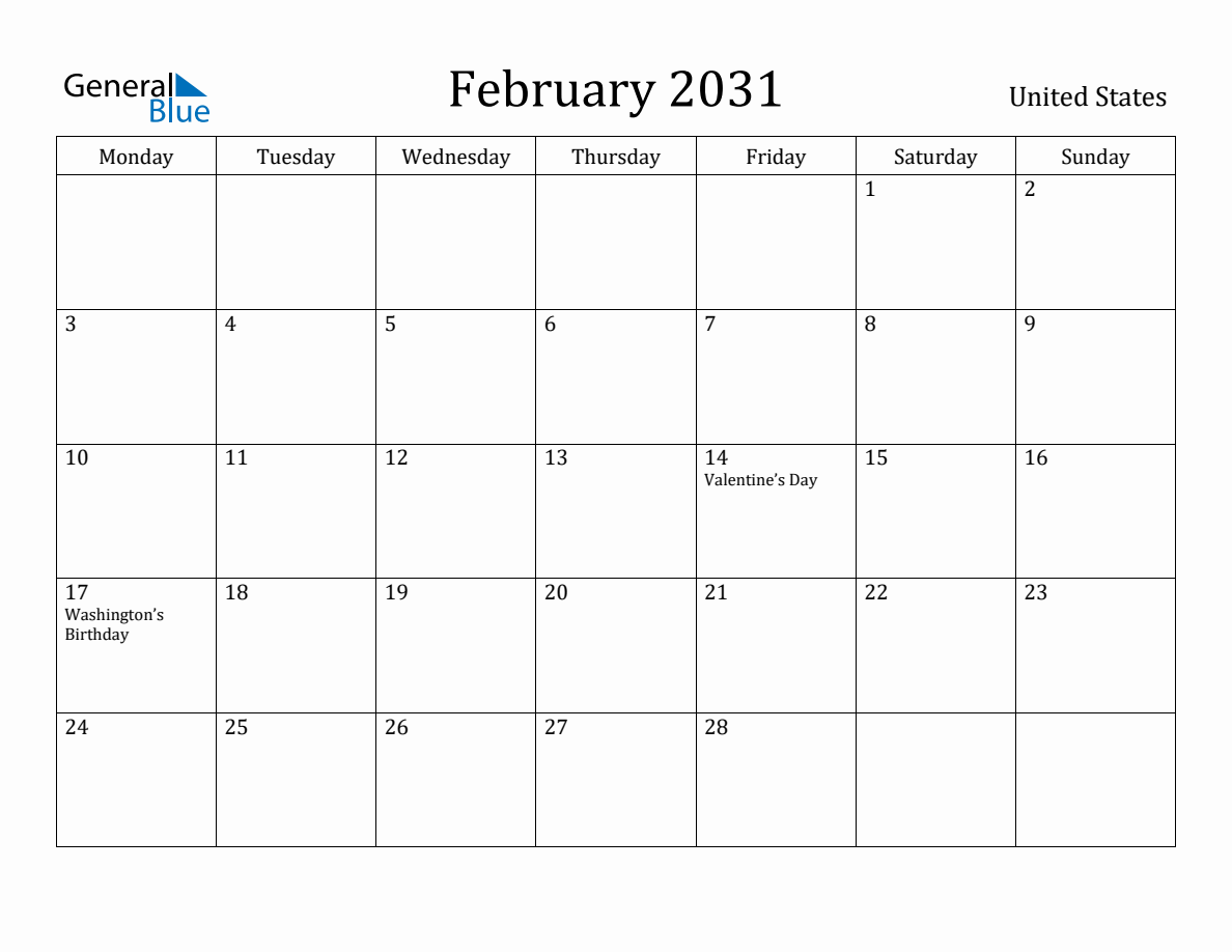 February 2031 - United States Monthly Calendar with Holidays