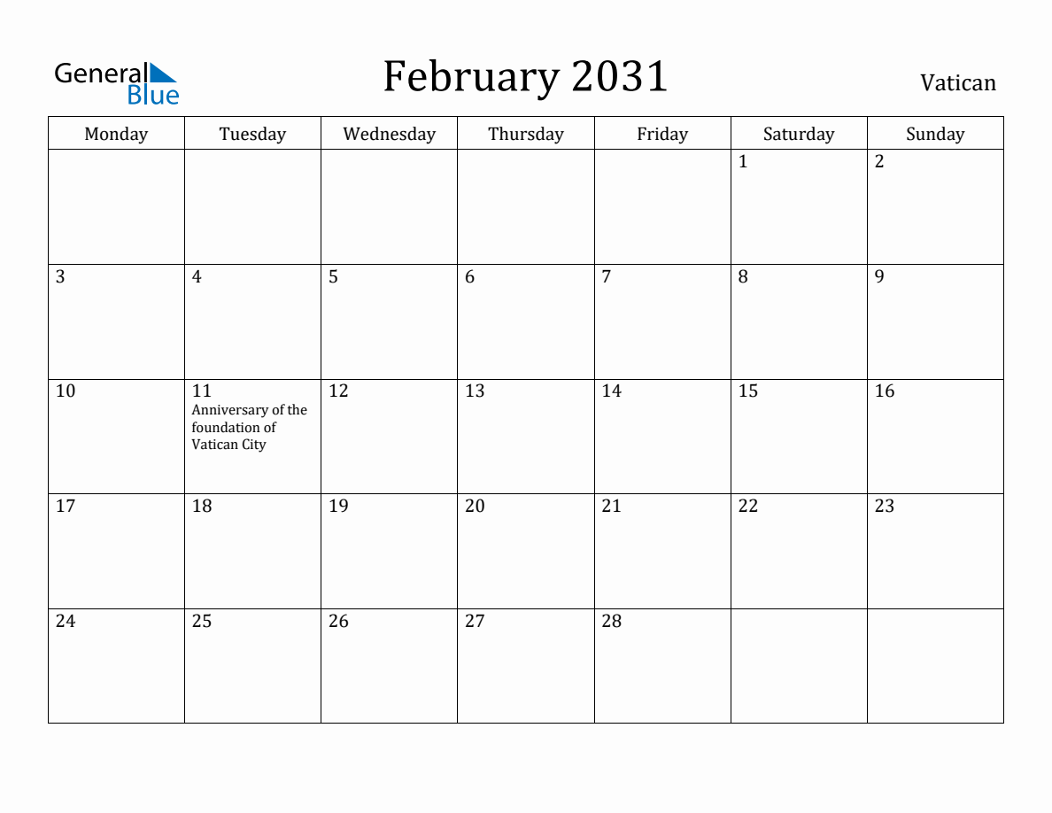 February 2031 - Vatican Monthly Calendar with Holidays