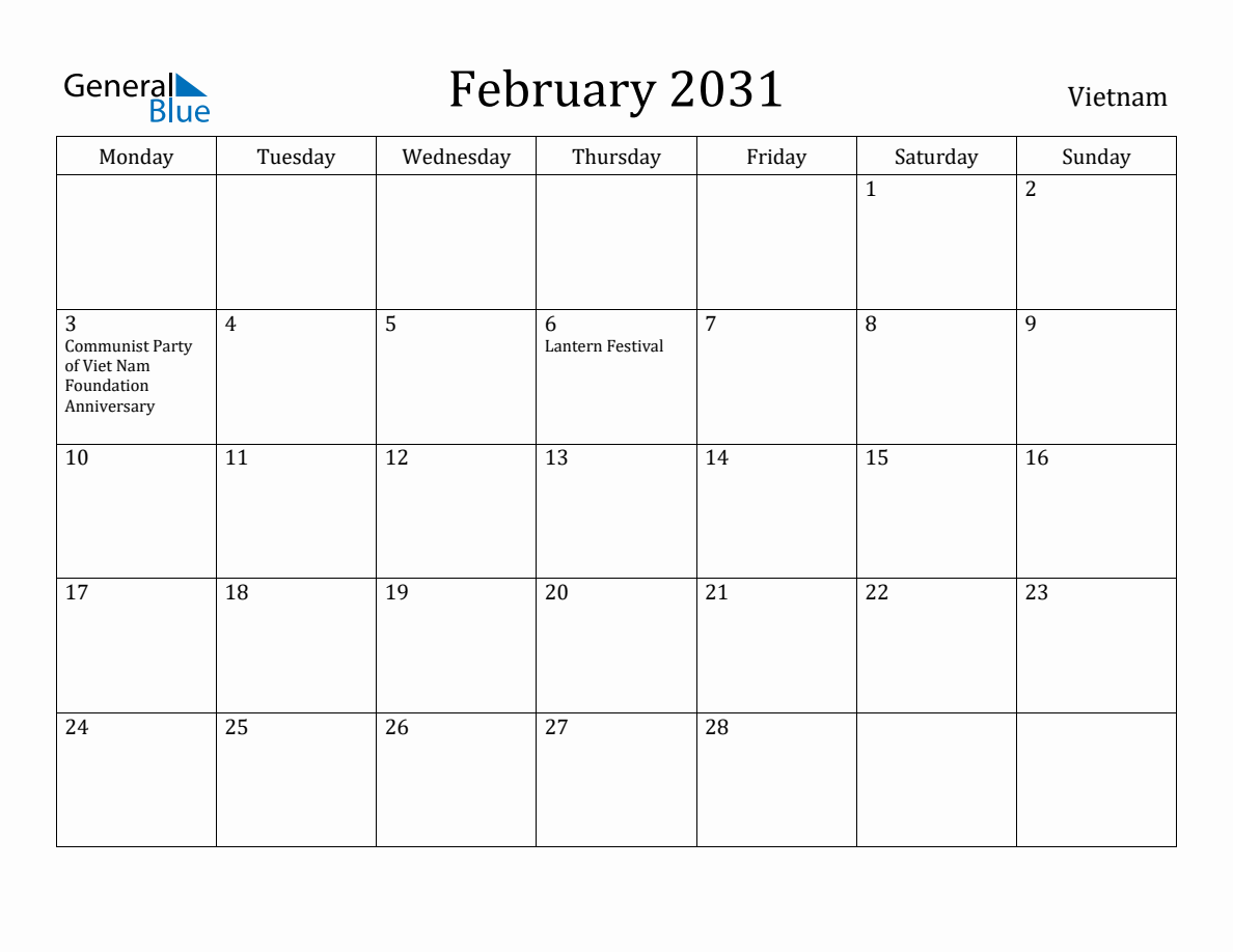 February 2031 - Vietnam Monthly Calendar with Holidays