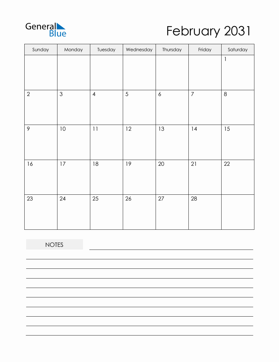 February 2031 Monthly Planner Calendar