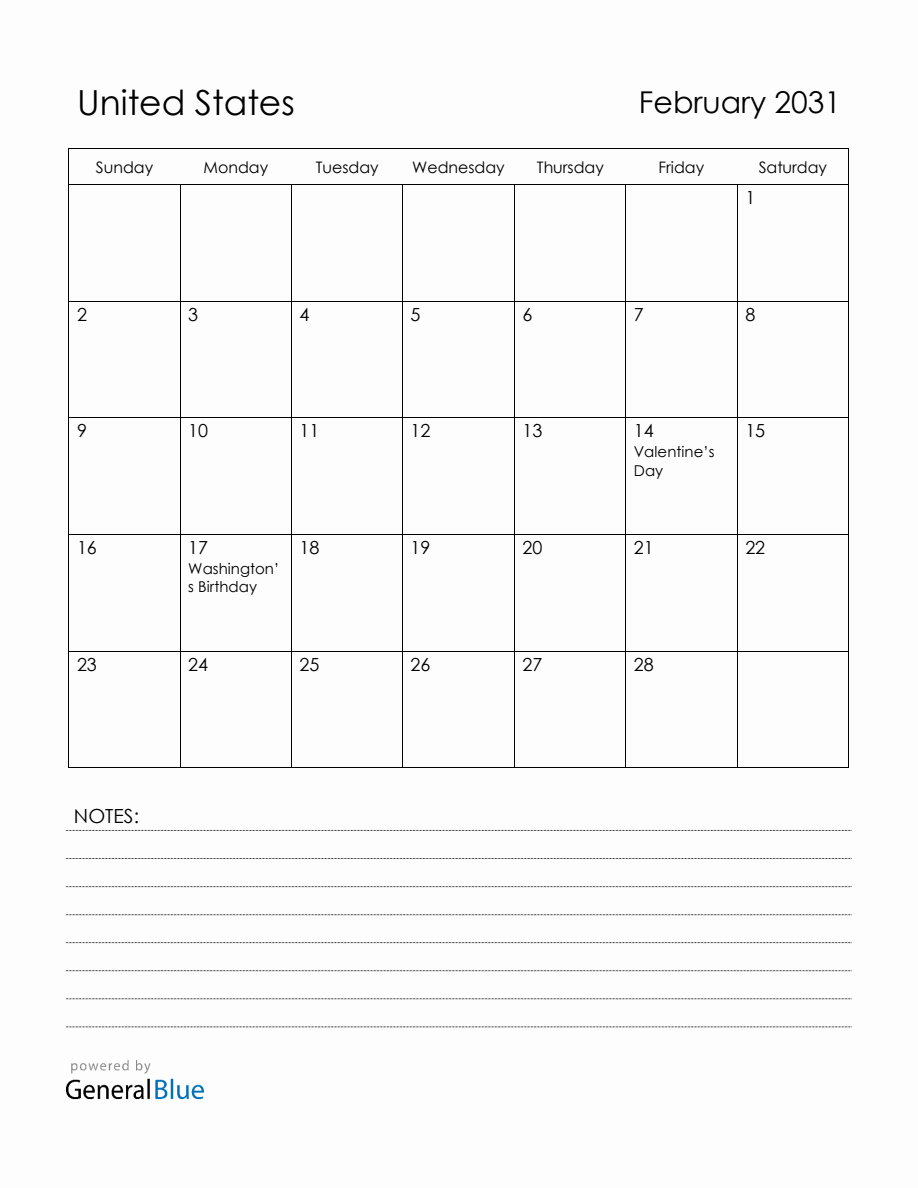 February 2031 United States Calendar with Holidays