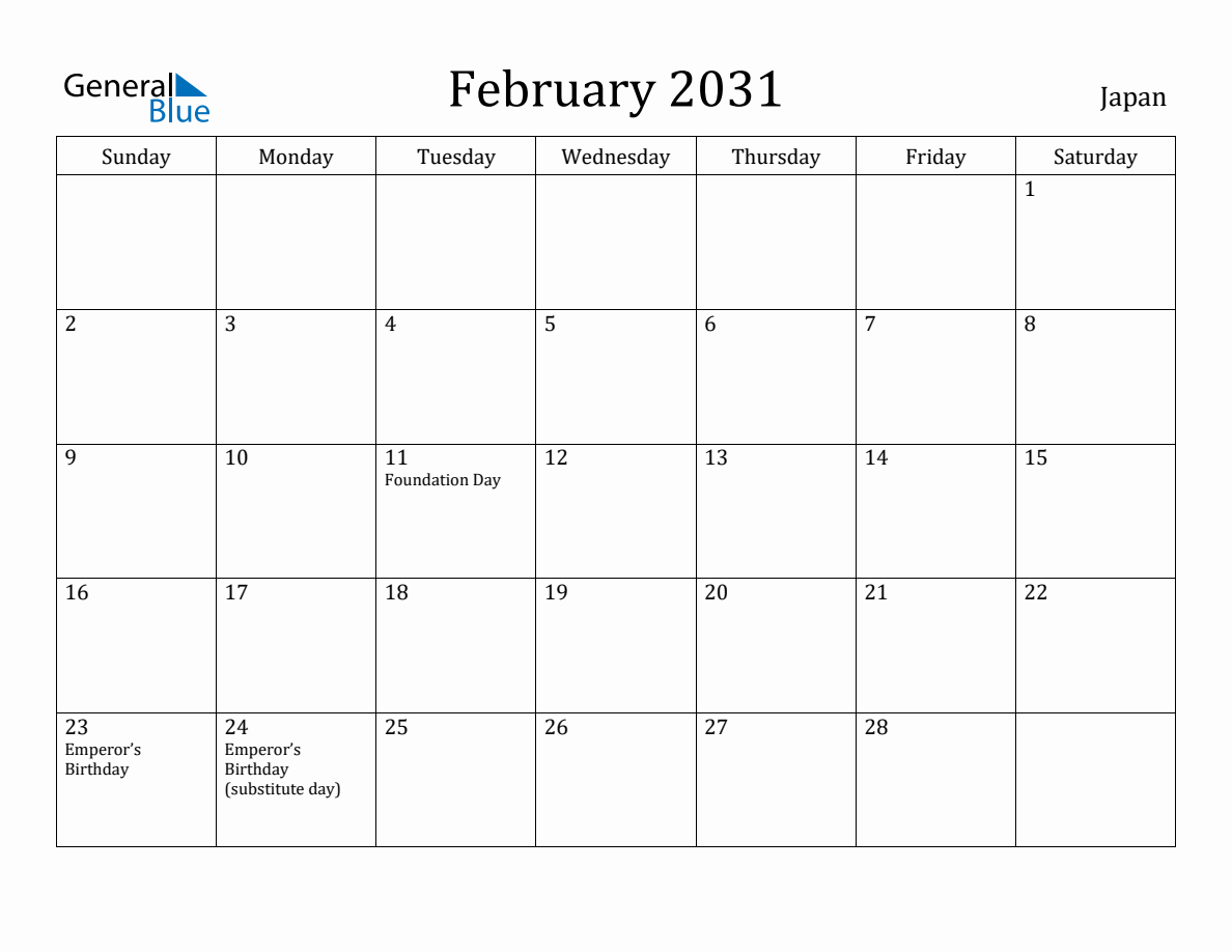 February 2031 Monthly Calendar with Japan Holidays