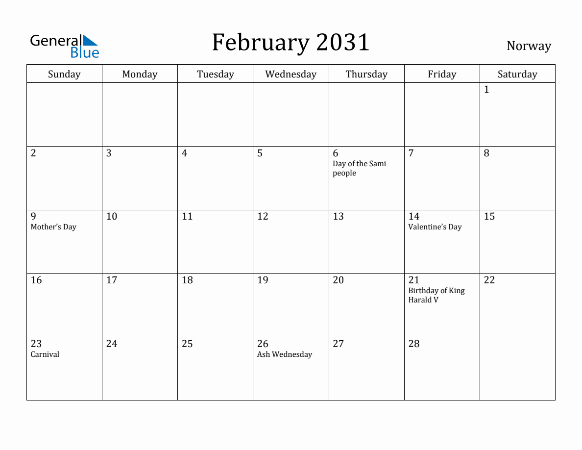 February 2031 Monthly Calendar with Norway Holidays