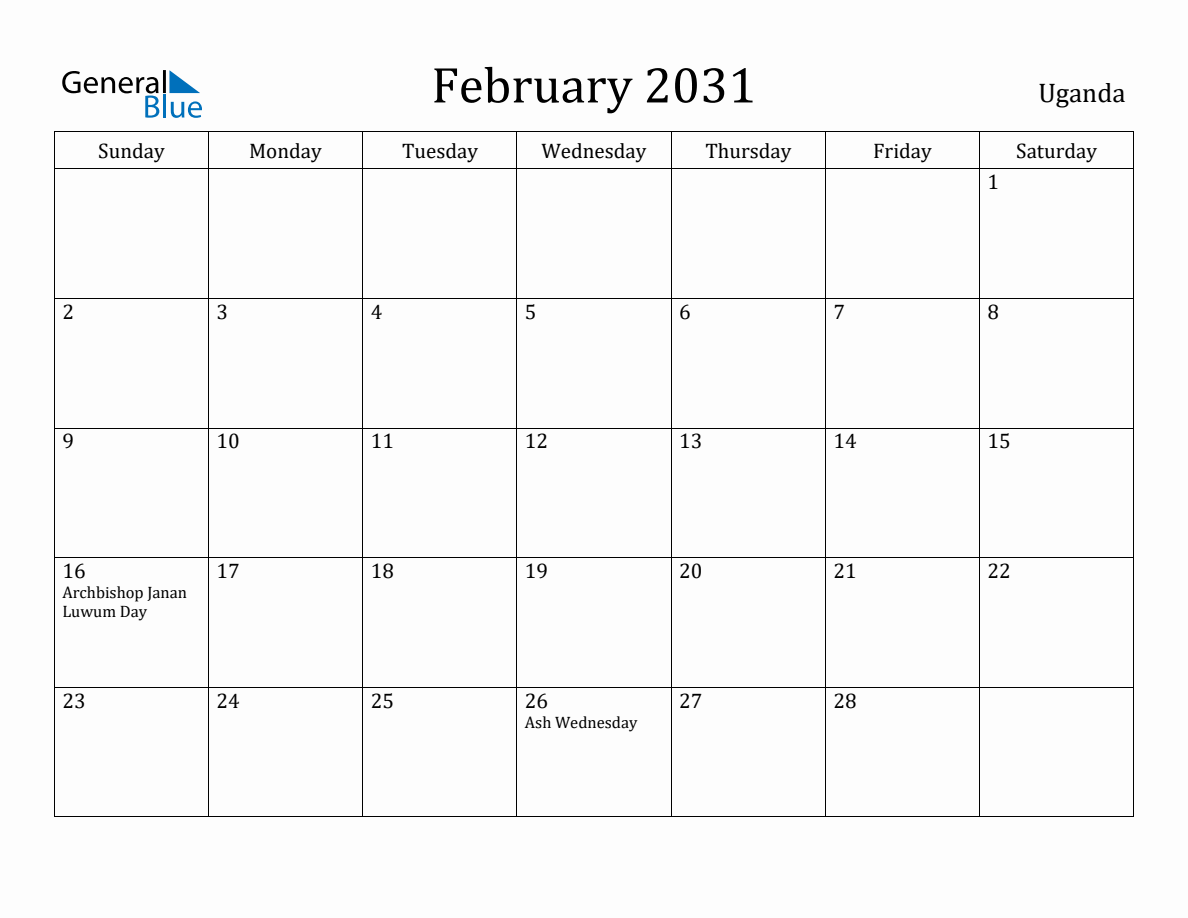 February 2031 Monthly Calendar with Uganda Holidays