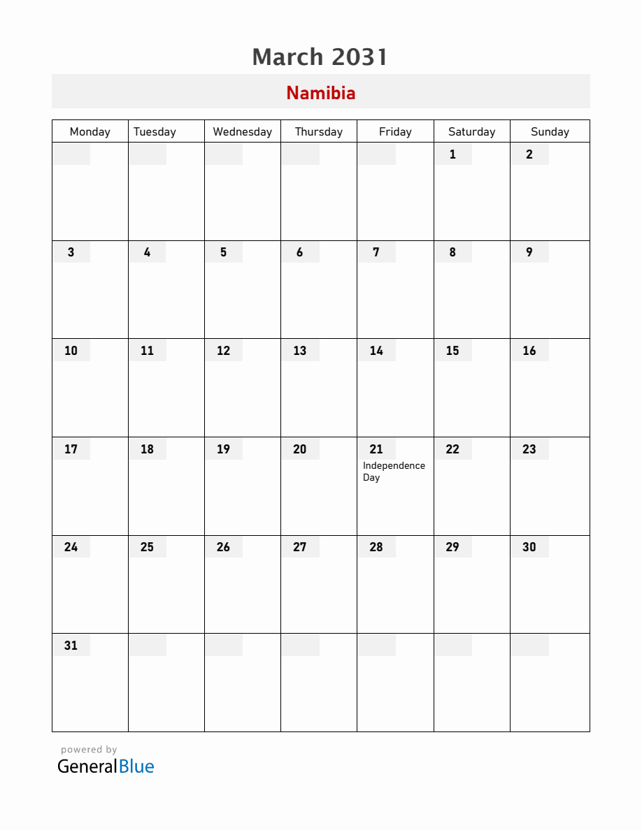 Namibia March 2031 Calendar with Holidays