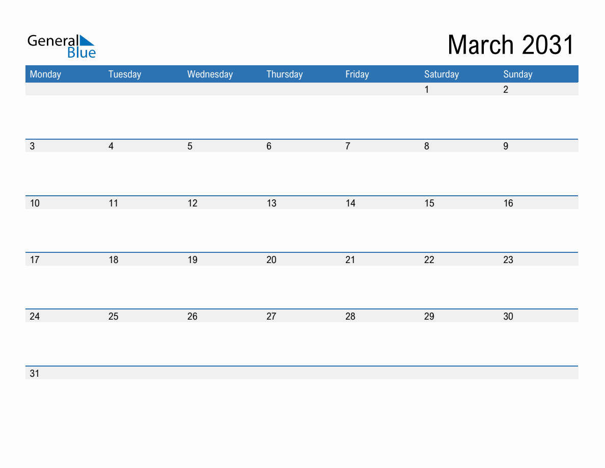 Editable Calendar Template for March 2031 - Monday Start