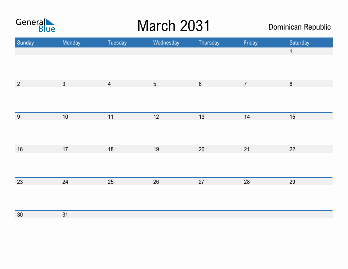 March 2031 Monthly Calendars with Dominican Republic Holidays