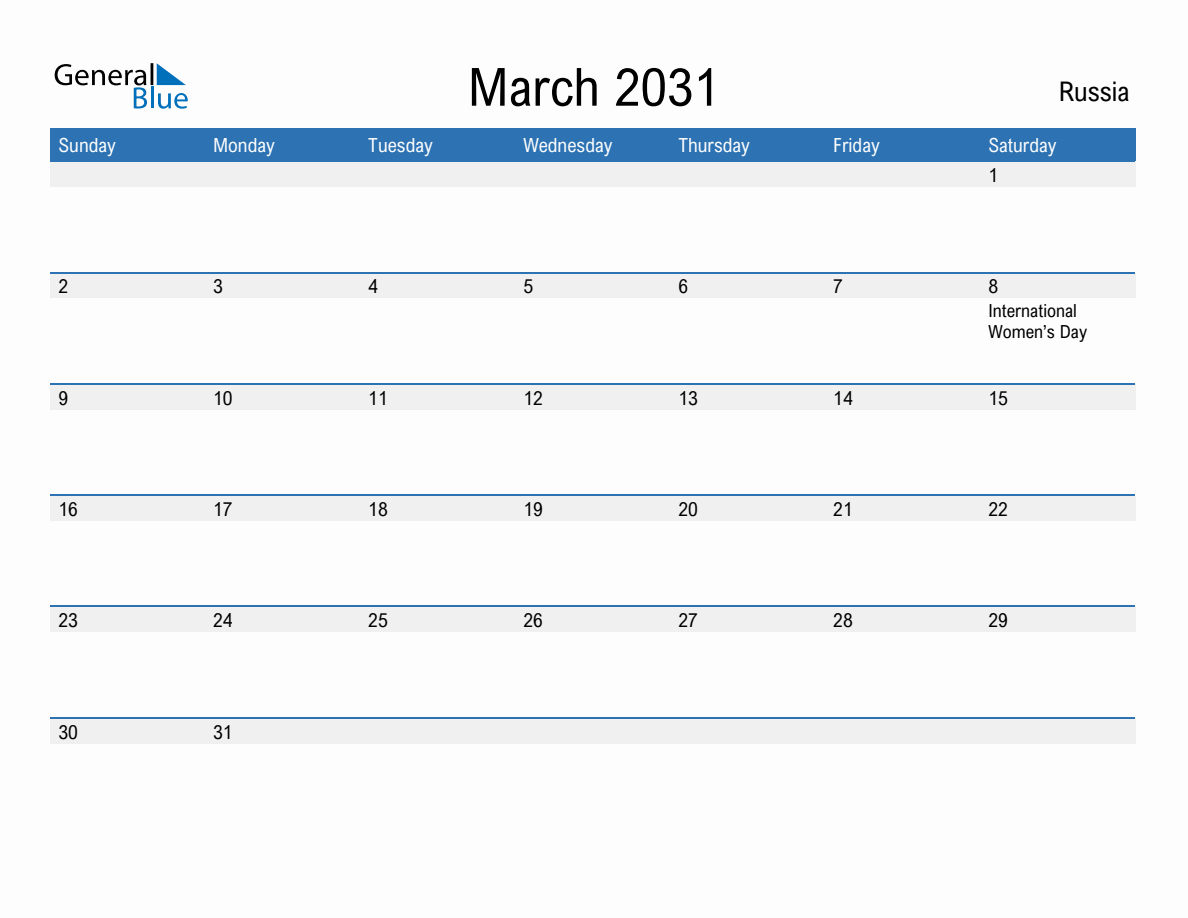 March 2031 Monthly Calendars with Russia Holidays