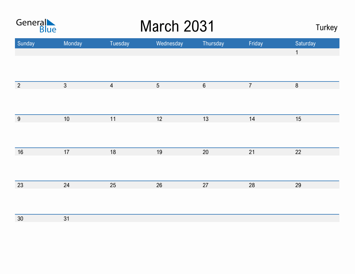 March 2031 Monthly Calendars with Turkey Holidays