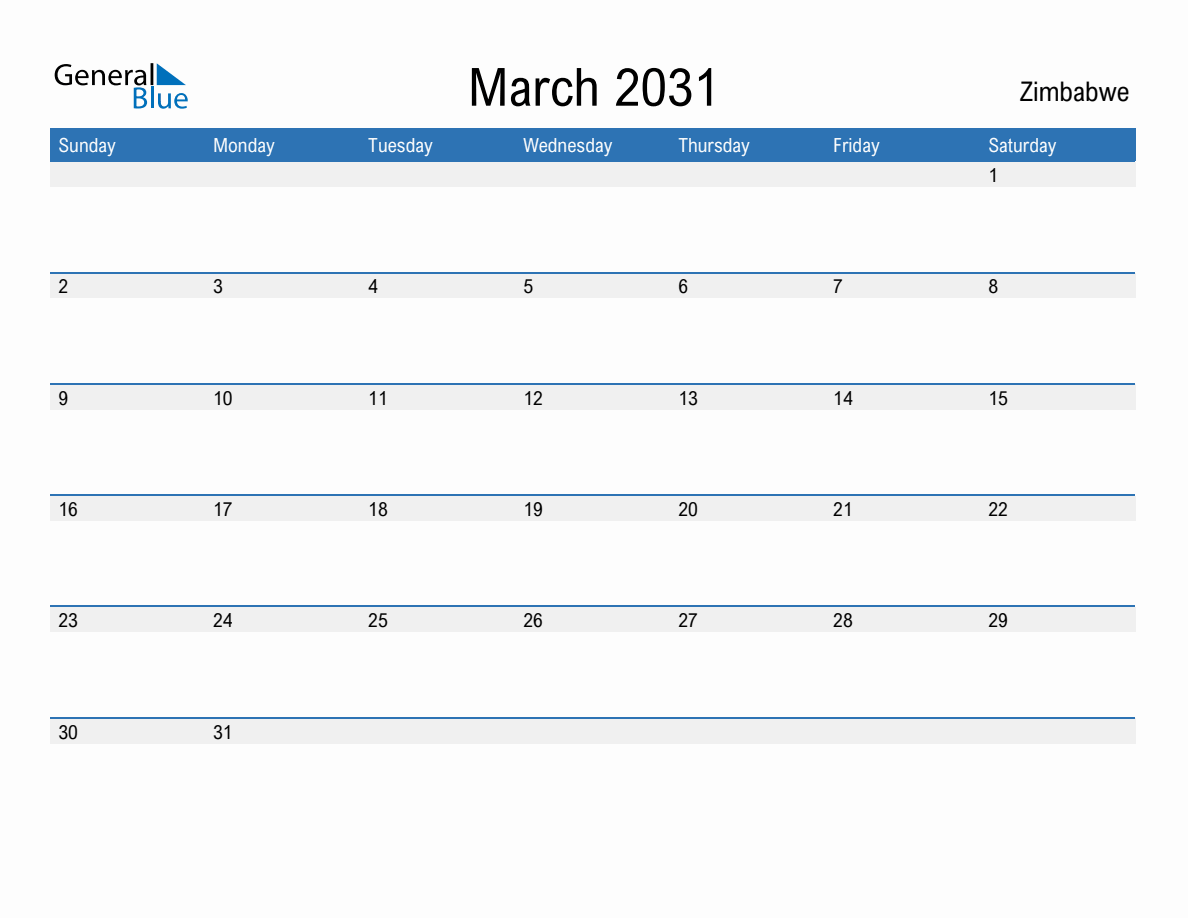 March 2031 Monthly Calendars with Zimbabwe Holidays