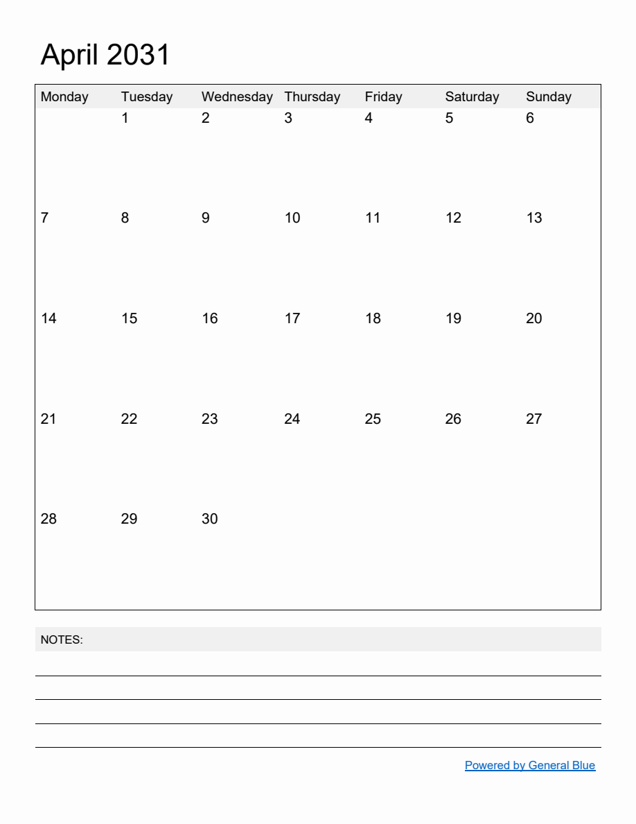 Free Printable Monthly Calendar for April 2031 - Monday Start