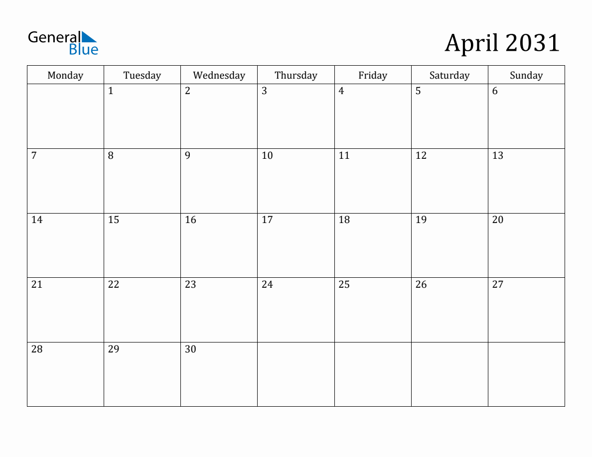 April 2031 Monthly Calendar - Monday Start