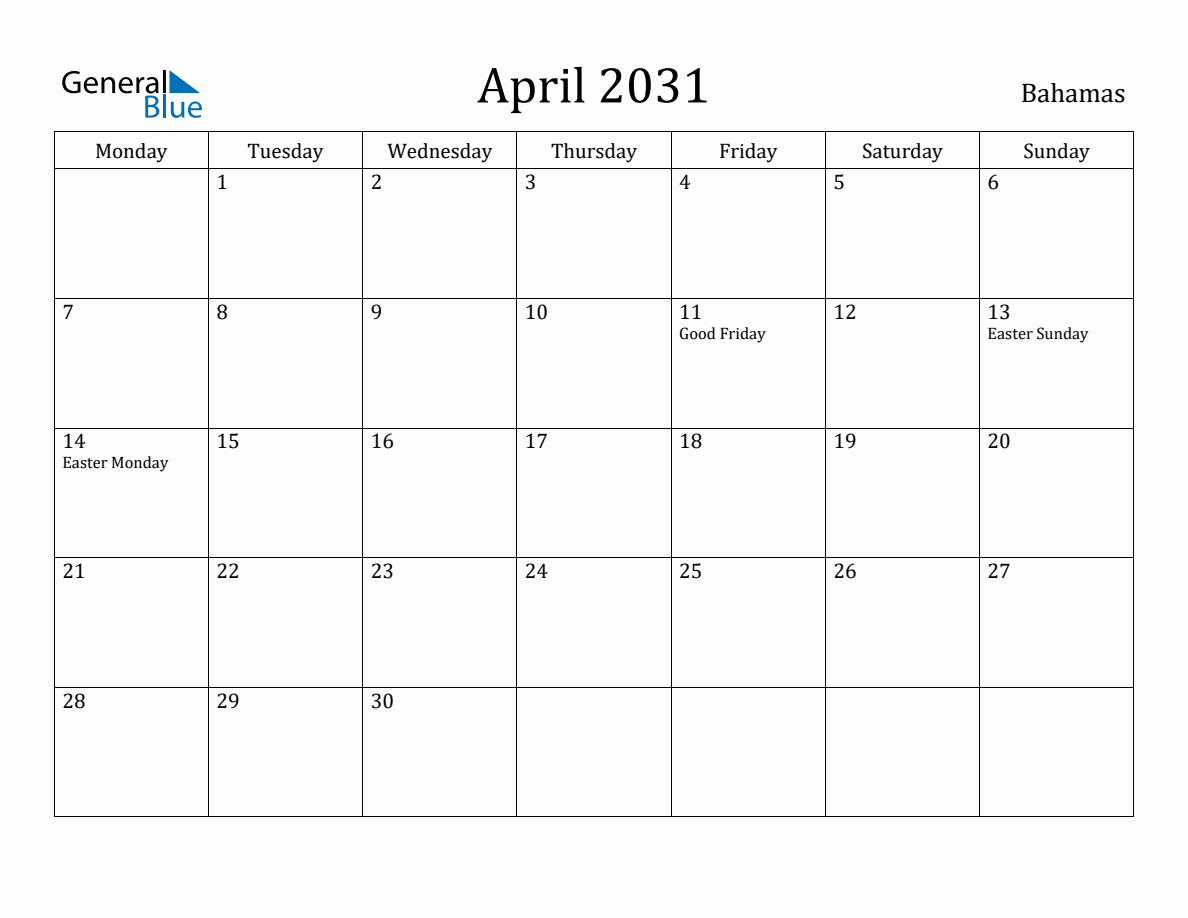 April 2031 Monthly Calendar with Bahamas Holidays (Monday Start)