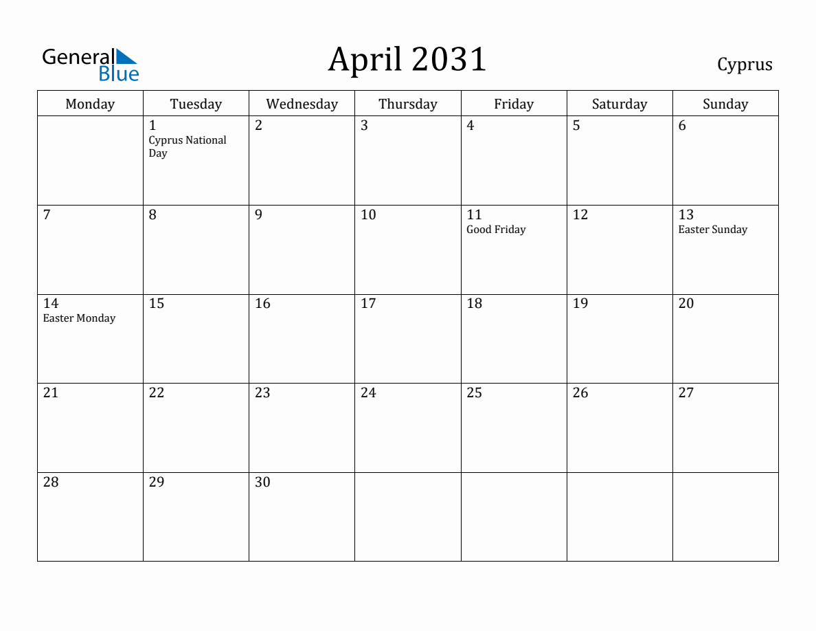 April 2031 - Cyprus Monthly Calendar with Holidays
