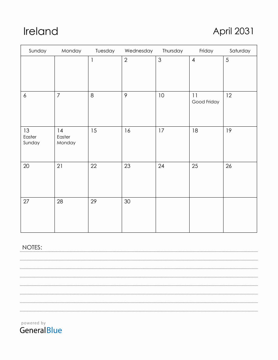 April 2031 Ireland Calendar with Holidays