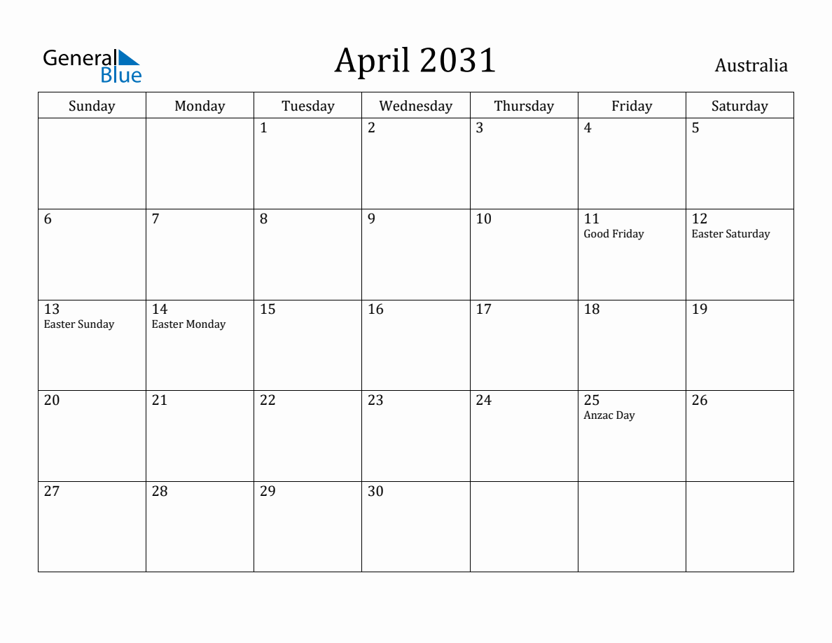 April 2031 Monthly Calendar with Australia Holidays