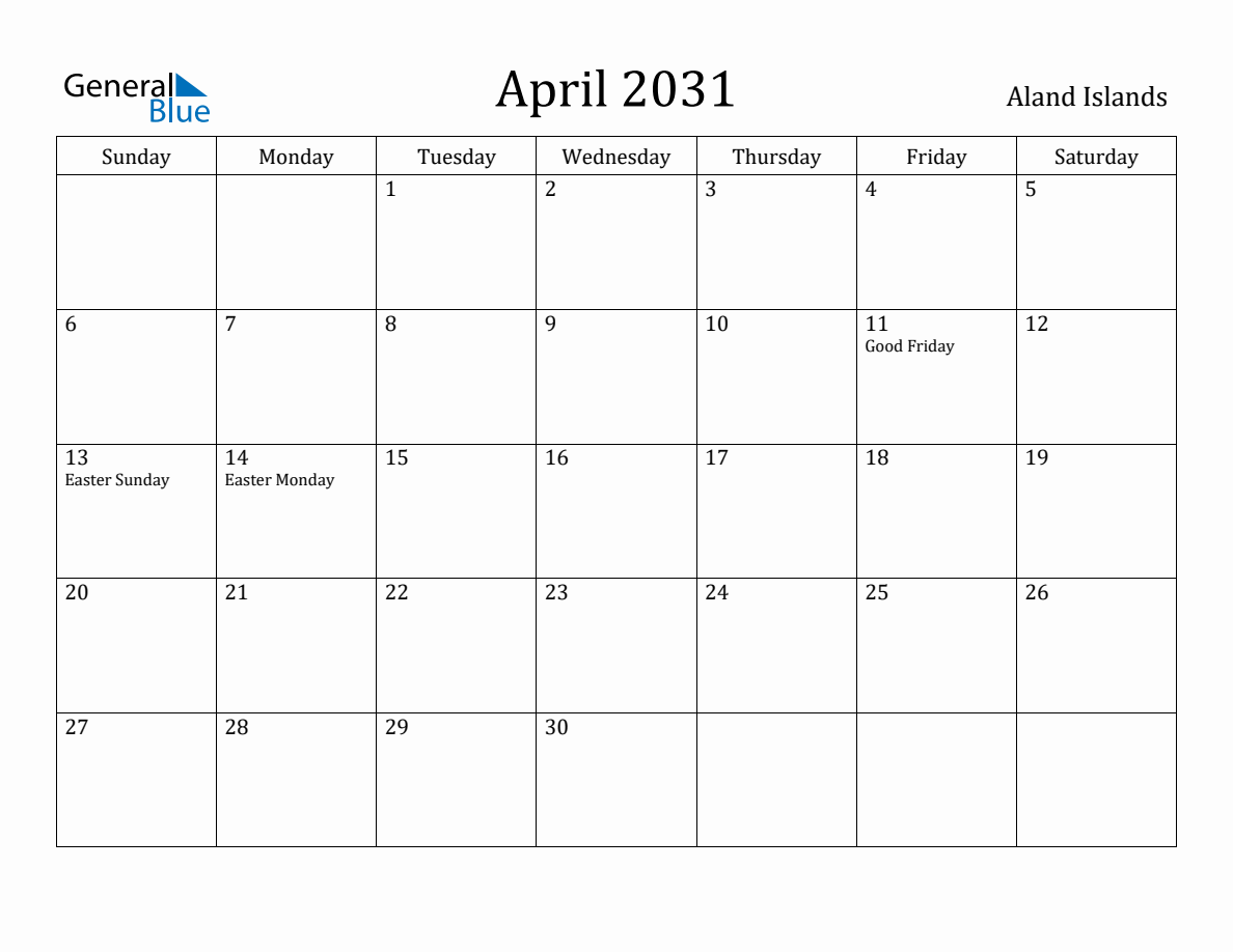 April 2031 Monthly Calendar with Aland Islands Holidays