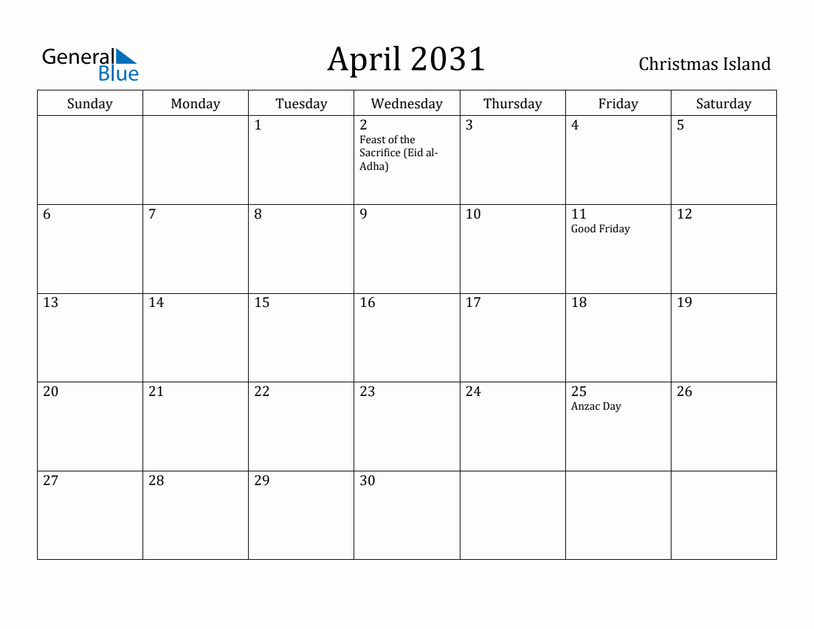 April 2031 Monthly Calendar with Christmas Island Holidays