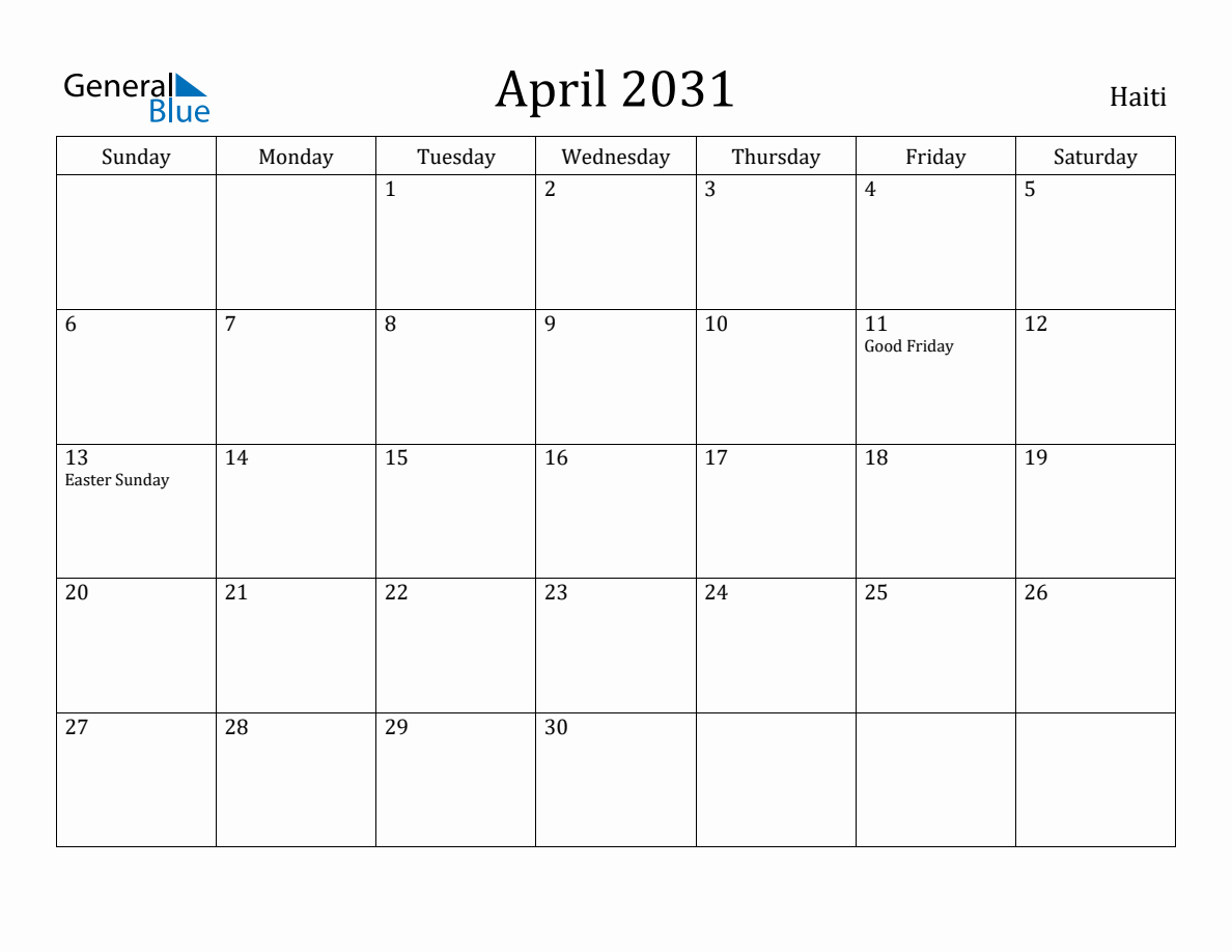April 2031 Monthly Calendar with Haiti Holidays