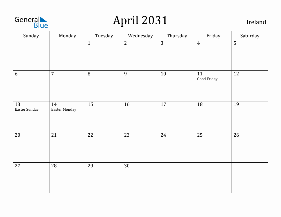 April 2031 Monthly Calendar with Ireland Holidays