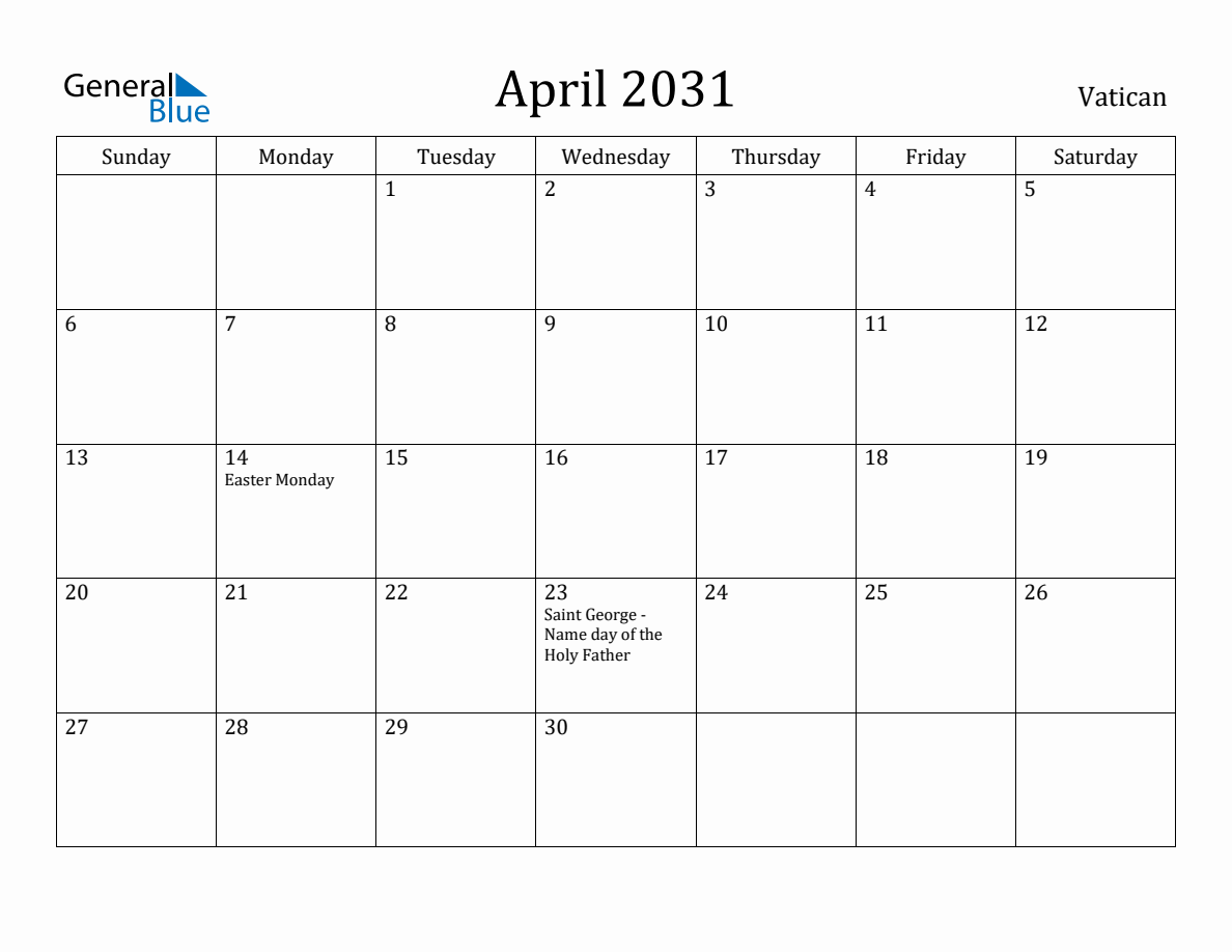 April 2031 Monthly Calendar with Vatican Holidays