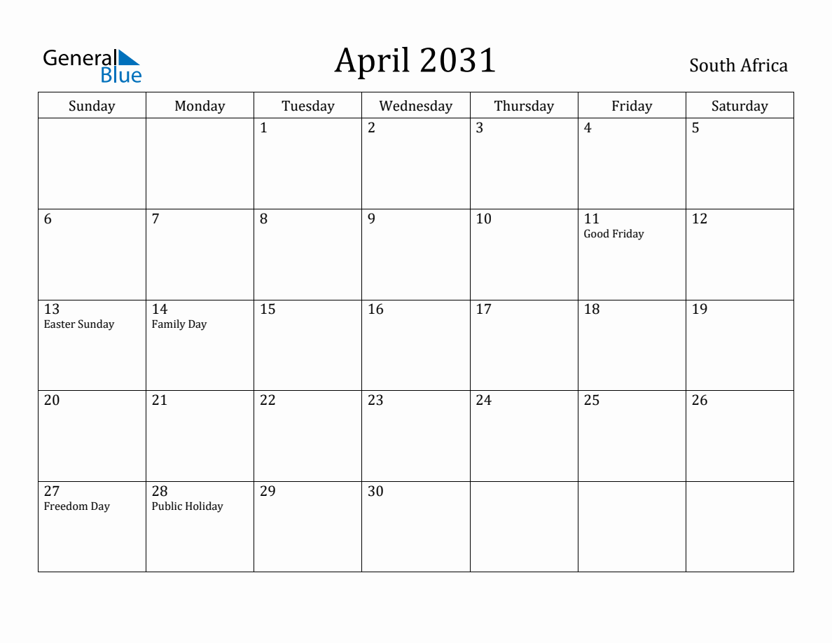 April 2031 Monthly Calendar with South Africa Holidays
