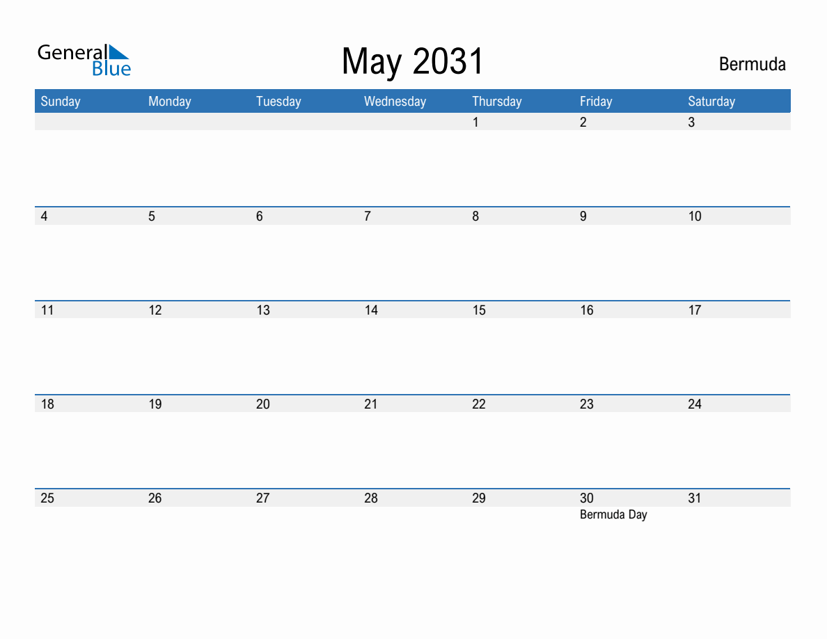 May 2031 Monthly Calendar with Bermuda Holidays