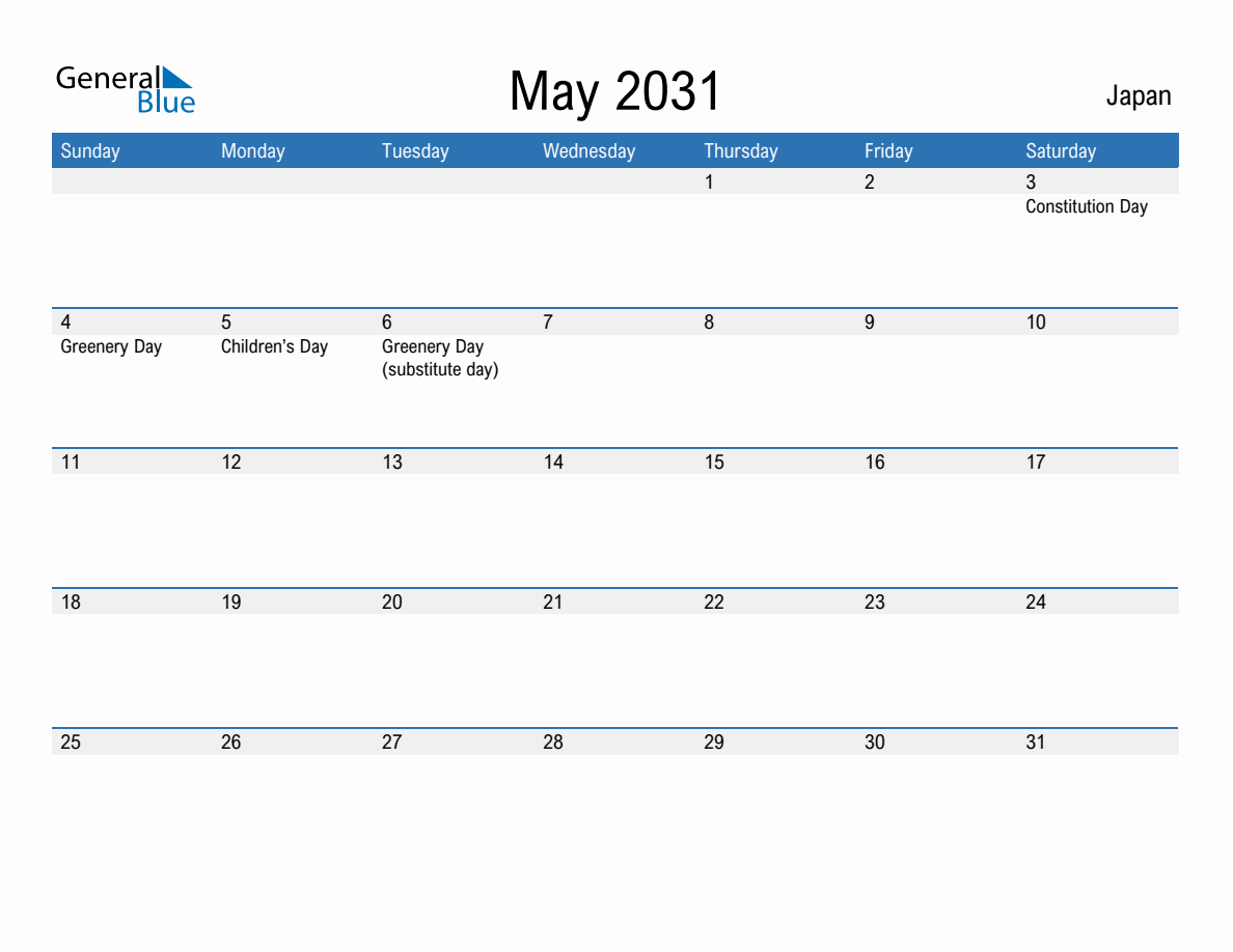 May 2031 Monthly Calendars with Japan Holidays