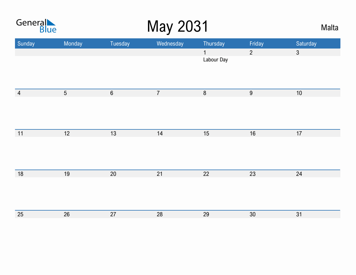 May 2031 Monthly Calendars with Malta Holidays