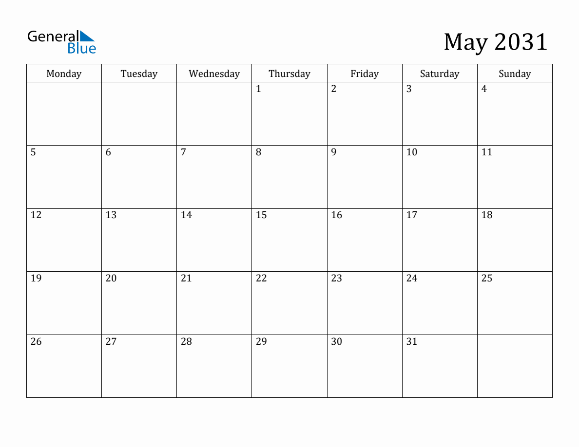May 2031 Monday Start Calendar (PDF, Excel, Word)