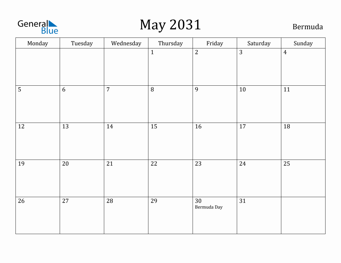 May 2031 Monthly Calendar with Bermuda Holidays