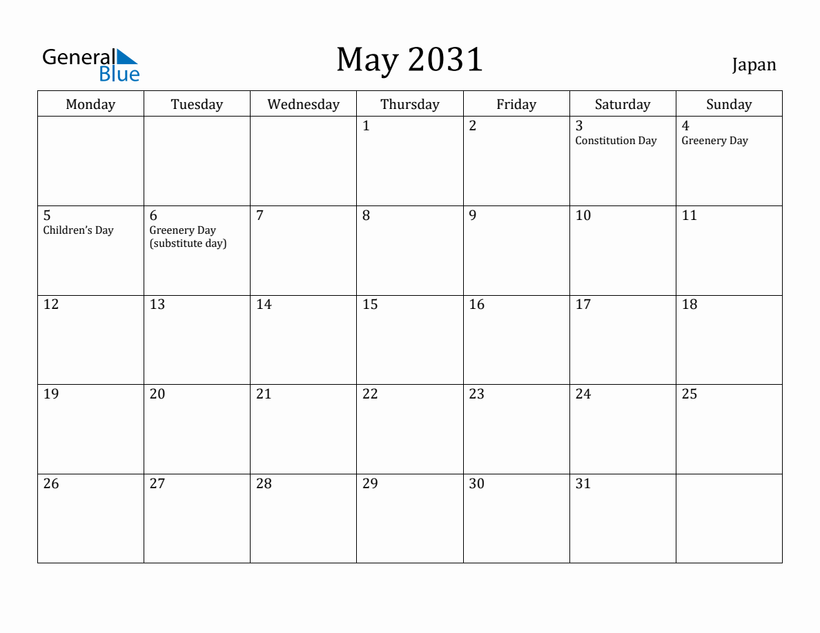 May 2031 - Japan Monthly Calendar with Holidays