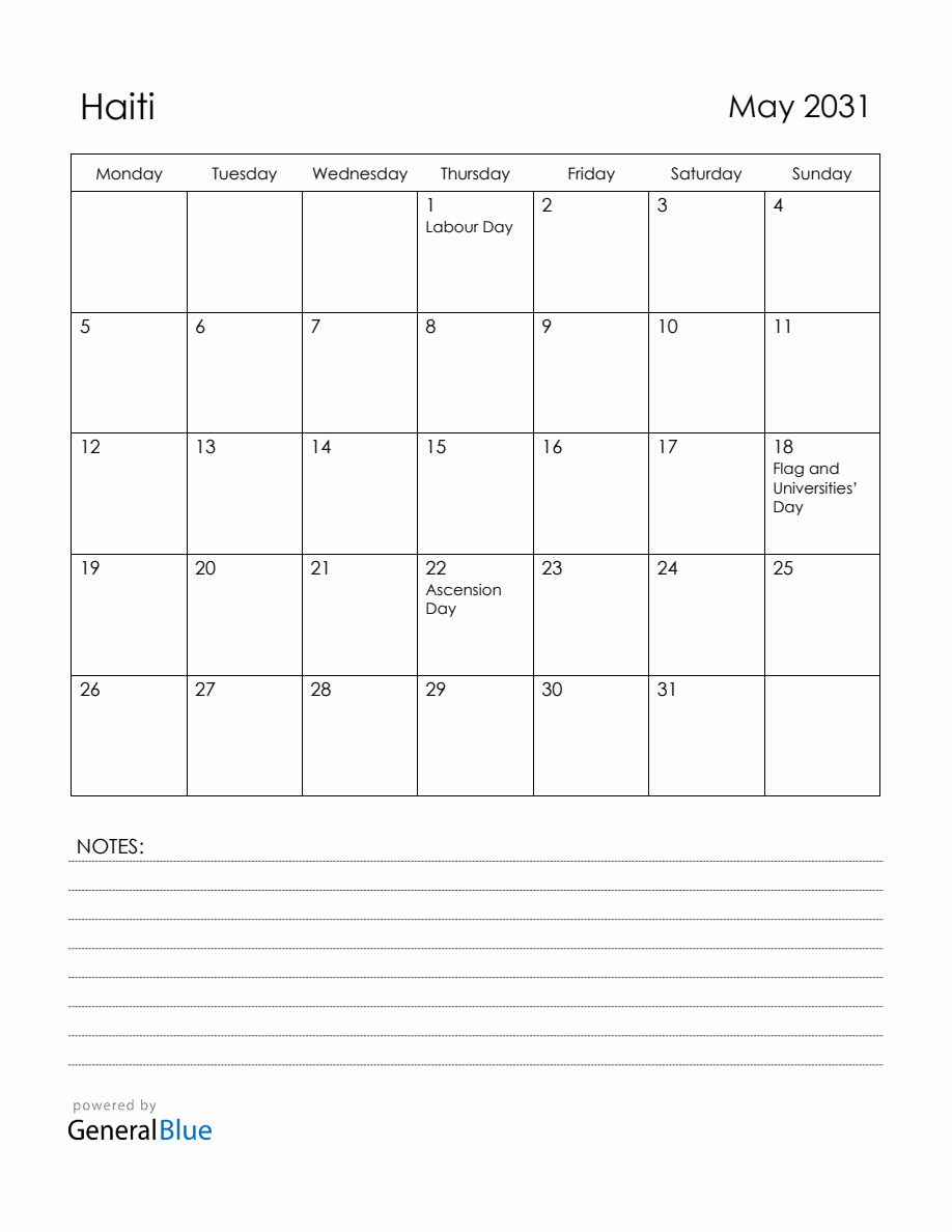 May 2031 Haiti Calendar with Holidays (Monday Start)