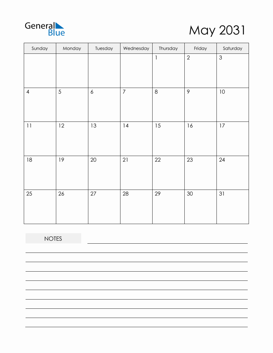 May 2031 Monthly Planner Calendar