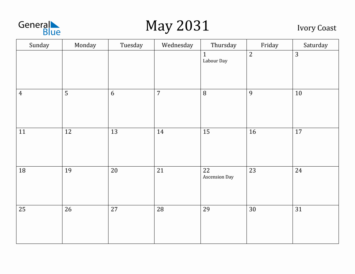 May 2031 Monthly Calendar with Ivory Coast Holidays