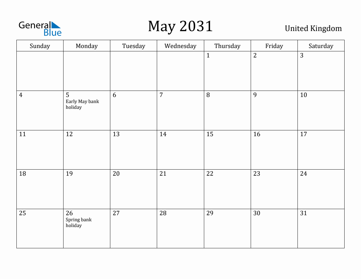 May 2031 Monthly Calendar with United Kingdom Holidays