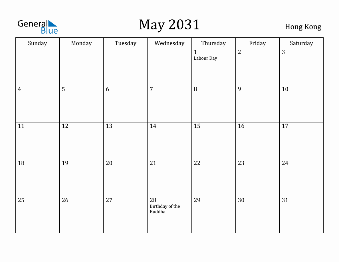 May 2031 Monthly Calendar with Hong Kong Holidays