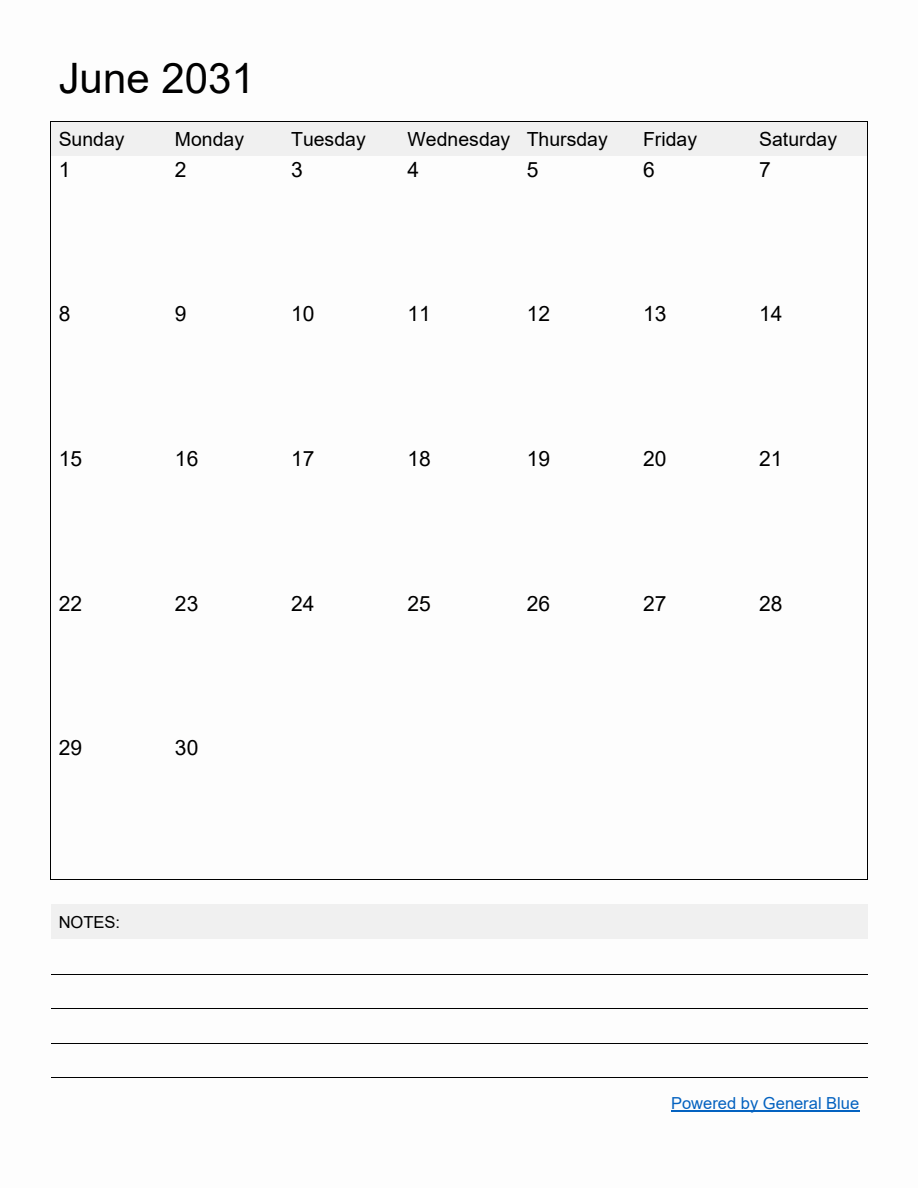 Free Printable Monthly Calendar for June 2031