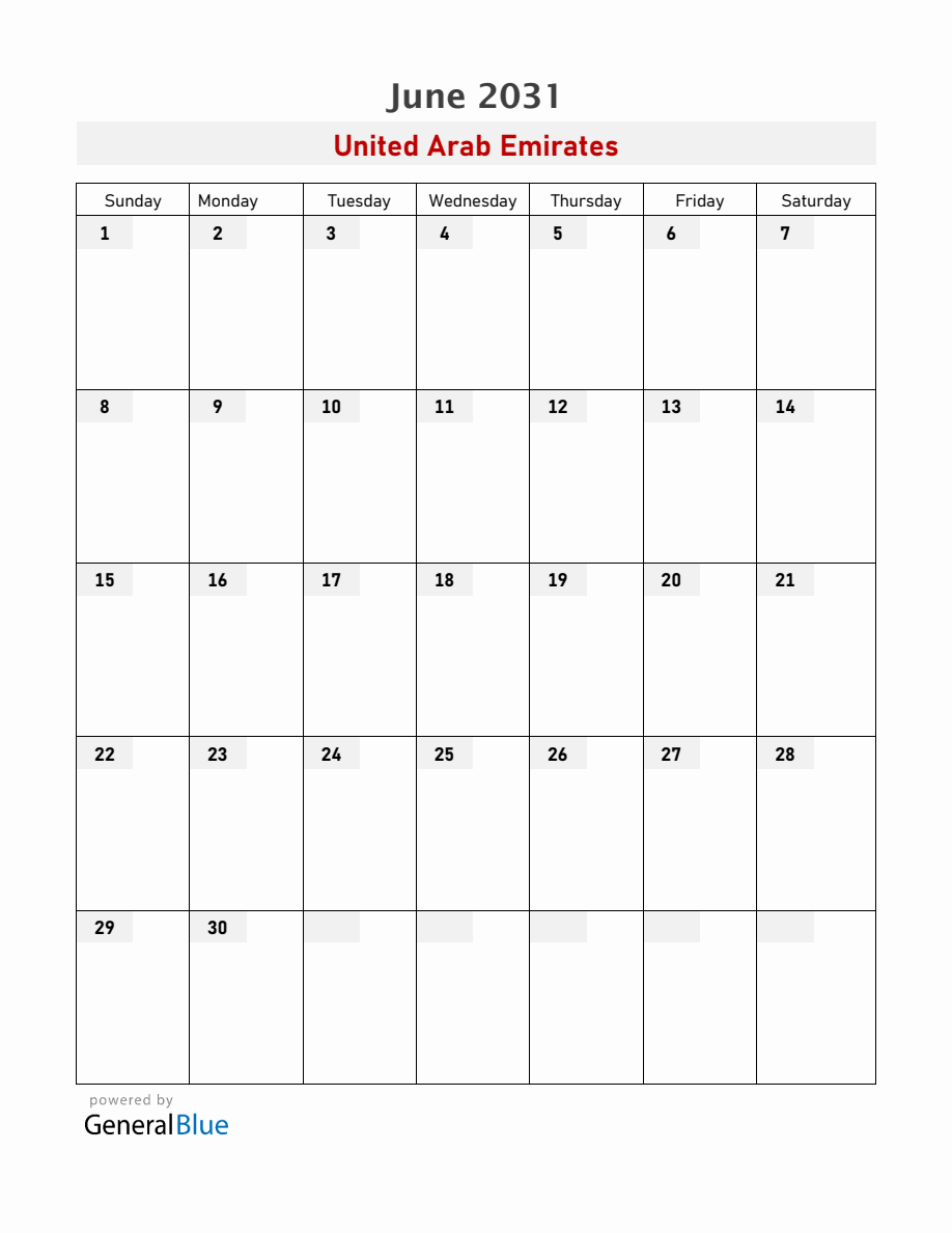 United Arab Emirates June 2031 Calendar with Holidays