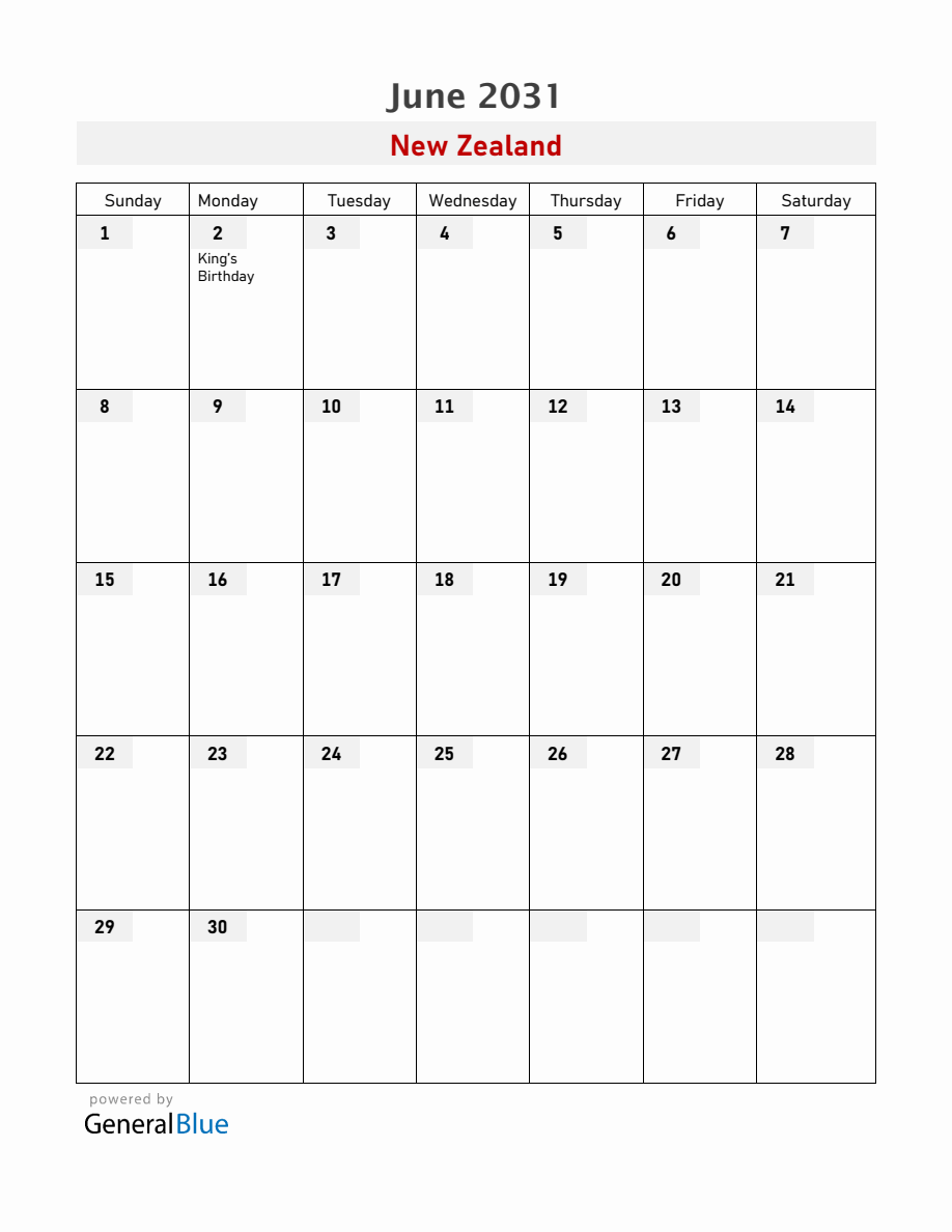 New Zealand June 2031 Calendar with Holidays