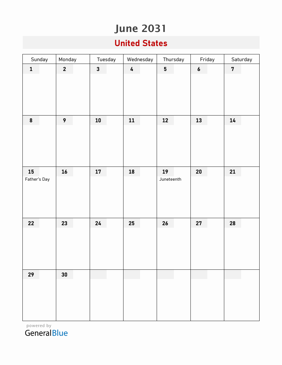 United States June 2031 Calendar with Holidays