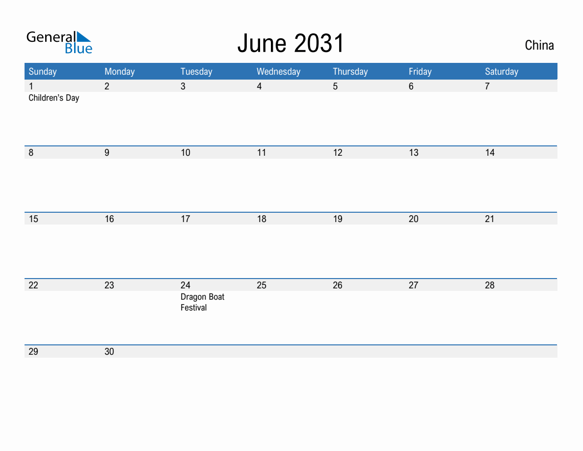 June 2031 Monthly Calendars with China Holidays