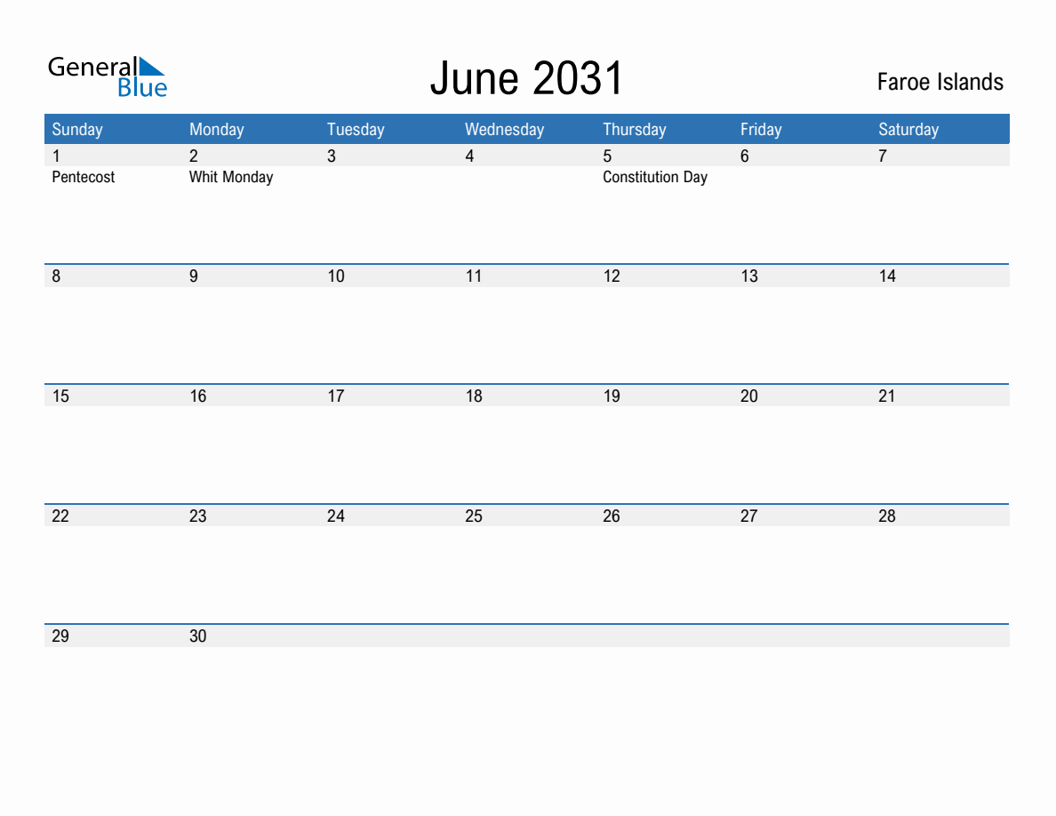 June 2031 Monthly Calendar with Faroe Islands Holidays