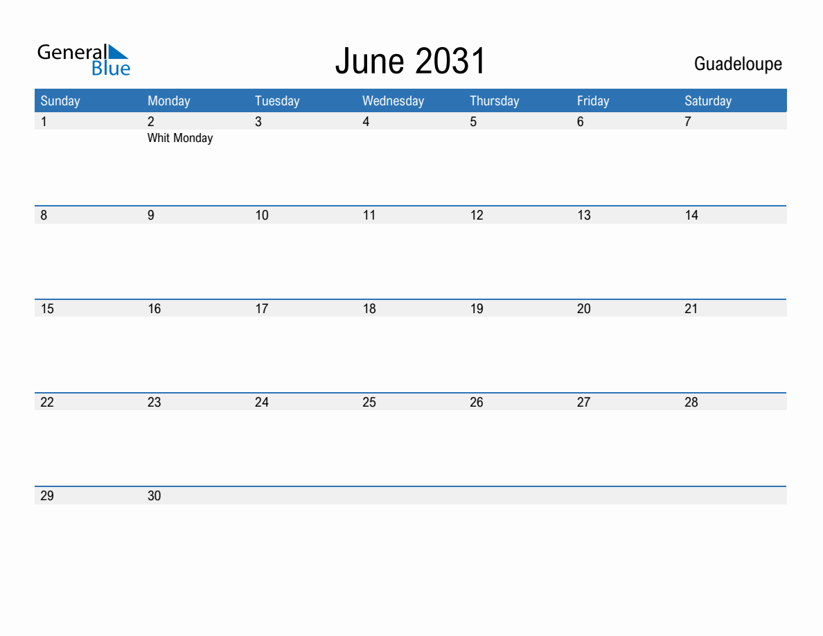 June 2031 Monthly Calendars with Guadeloupe Holidays