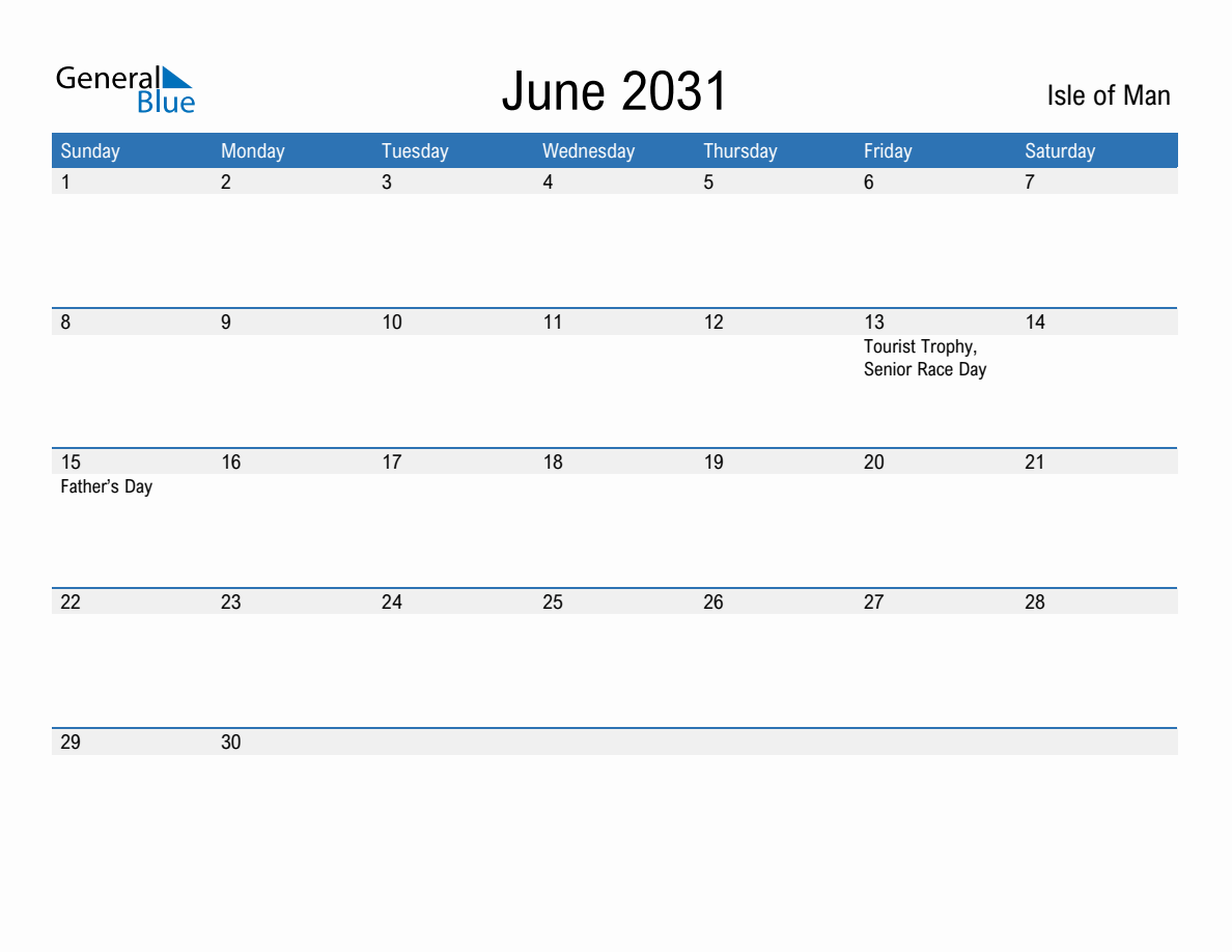 June 2031 Monthly Calendar with Isle of Man Holidays