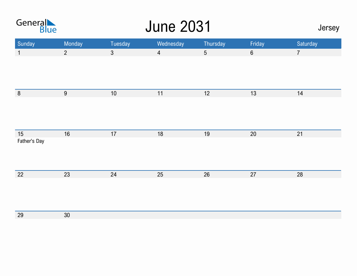 June 2031 Monthly Calendar with Jersey Holidays