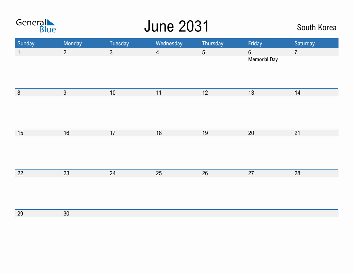 June 2031 Monthly Calendars with South Korea Holidays