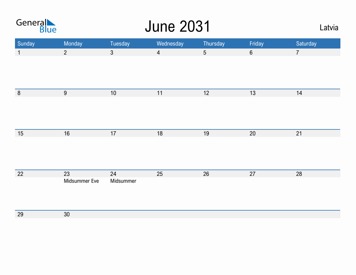 June 2031 Monthly Calendar with Latvia Holidays